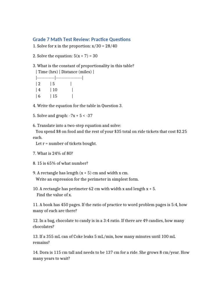 Grade 7 Math Test Review Questions | PDF