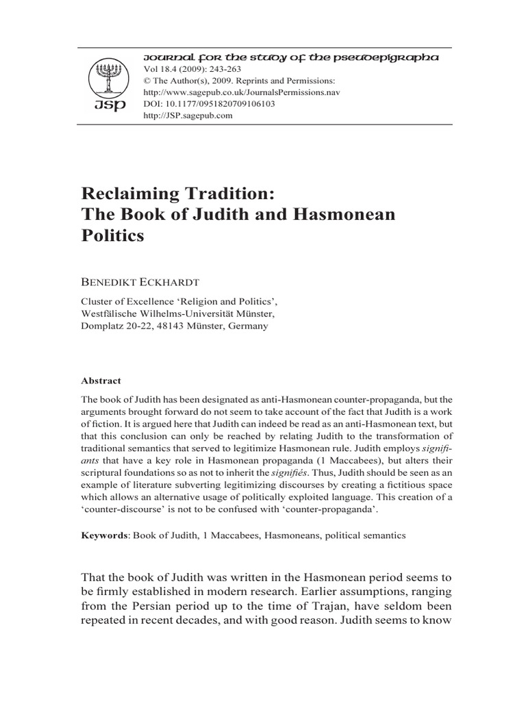 Eckhardt 2009 Reclaiming Tradition The Book of Judith and Hasmonean ...