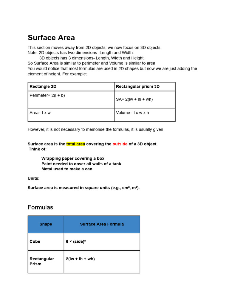 Surface Area And Volume Notes Pdf Area Volume