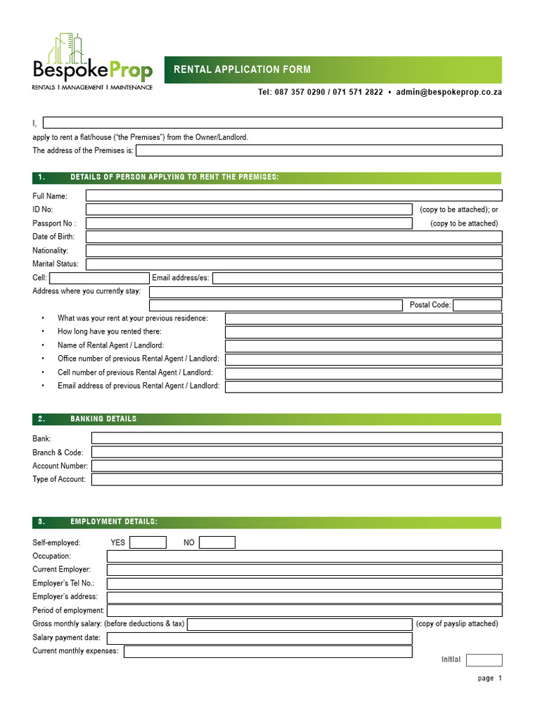 BespokeProp - Application Form FICA | PDF | Landlord | Lease