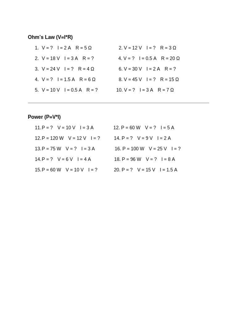Ohm's Law & Power Review Questions | PDF