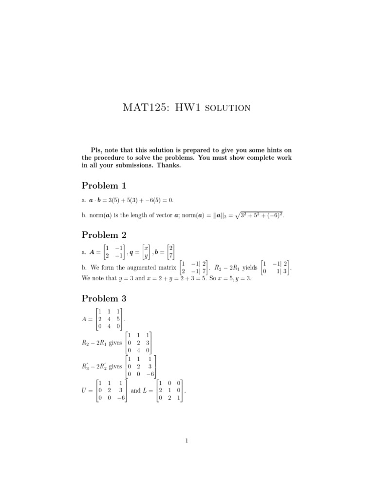 MAT125 HW1 Soln | PDF | Matrix (Mathematics) | Applied Mathematics