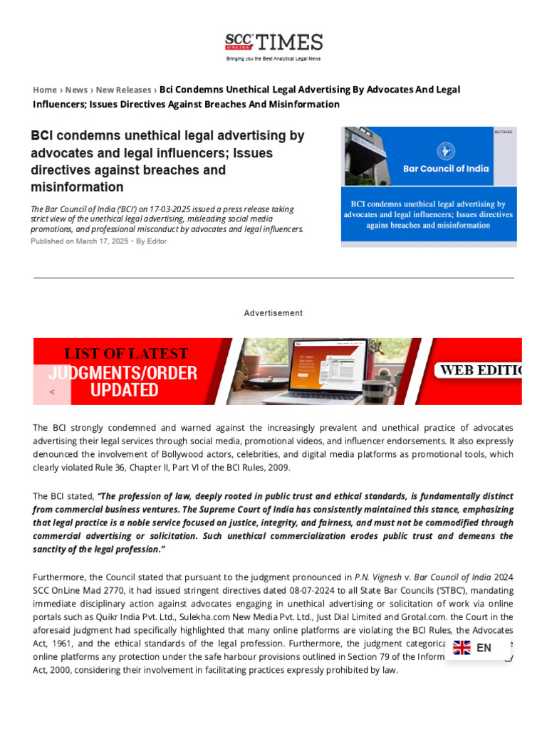 BCI's Directives Against Unethical Legal Ads | PDF | Public Sphere ...