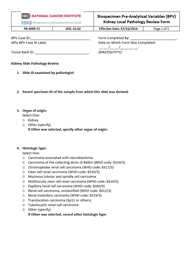 PR-0009-F1 Kidney Local Pathology Review Form | PDF | Carcinoma | Kidney
