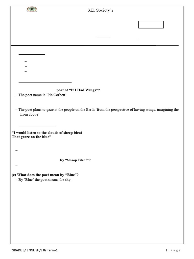 Grade 3 English Lesson: If I Had Wings | PDF