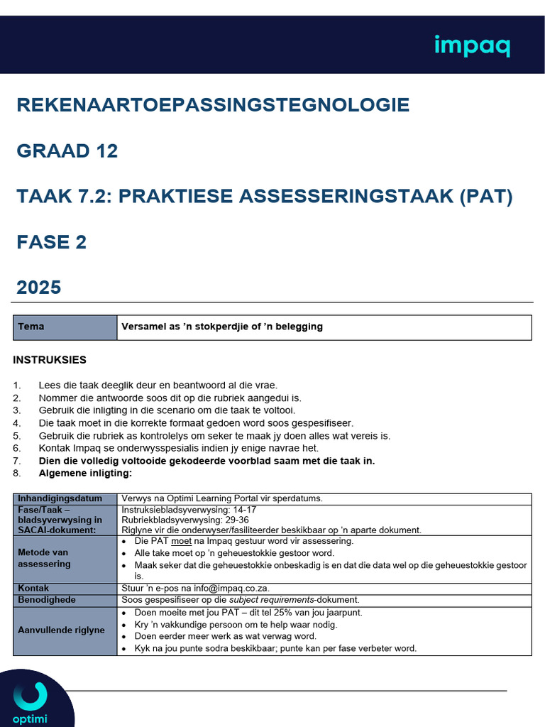 Rekenaartoepassingstegnologie Graad 12 Taak 7.2: Praktiese ...