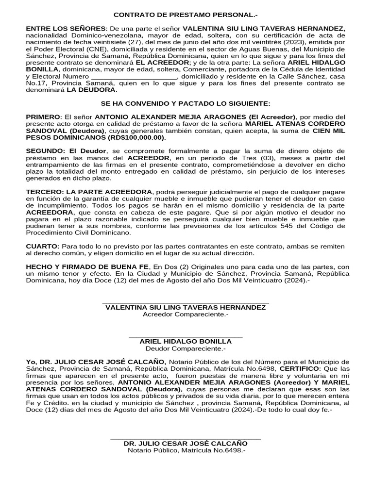 Contrato Prestamo Minina | PDF
