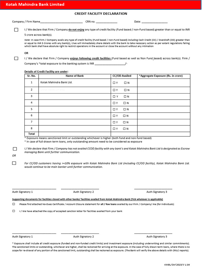 Kotak Mahindra Bank Credit Declaration | PDF | Line Of Credit | Banks