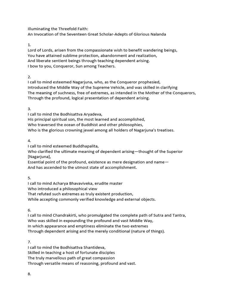 Invocation of Nalanda's Seventeen Masters | PDF | Buddhist Texts | Indology