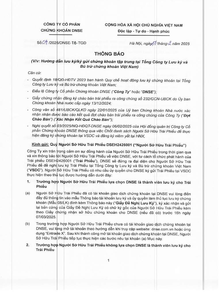 DNSE Thong Bao Huong Dan Luu Ky TP DSE | PDF