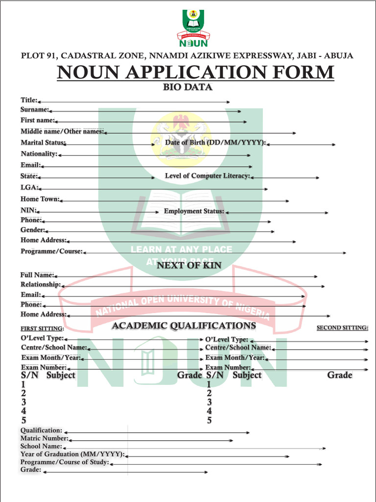 Noun Application Form for Abuja Admission | PDF