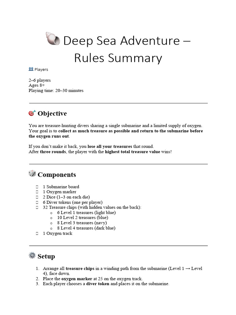 Deep Sea Adventure Game Rules | PDF | Underwater Diving