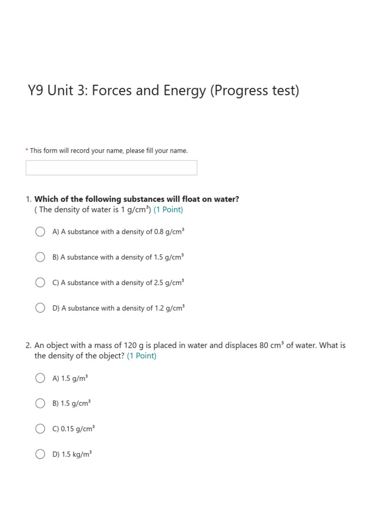 Y9 Unit 3 - Forces and Energy (Progress Test) (Sangria Year 9 (2025 ...