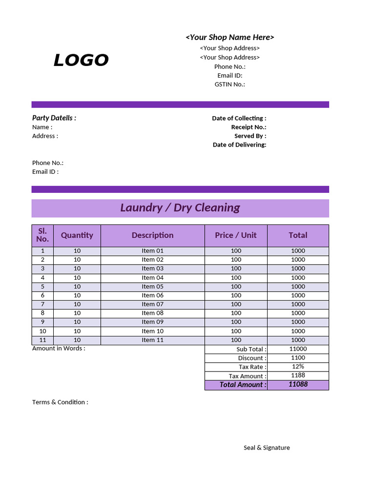 Laundry Invoice Template with Pricing | PDF