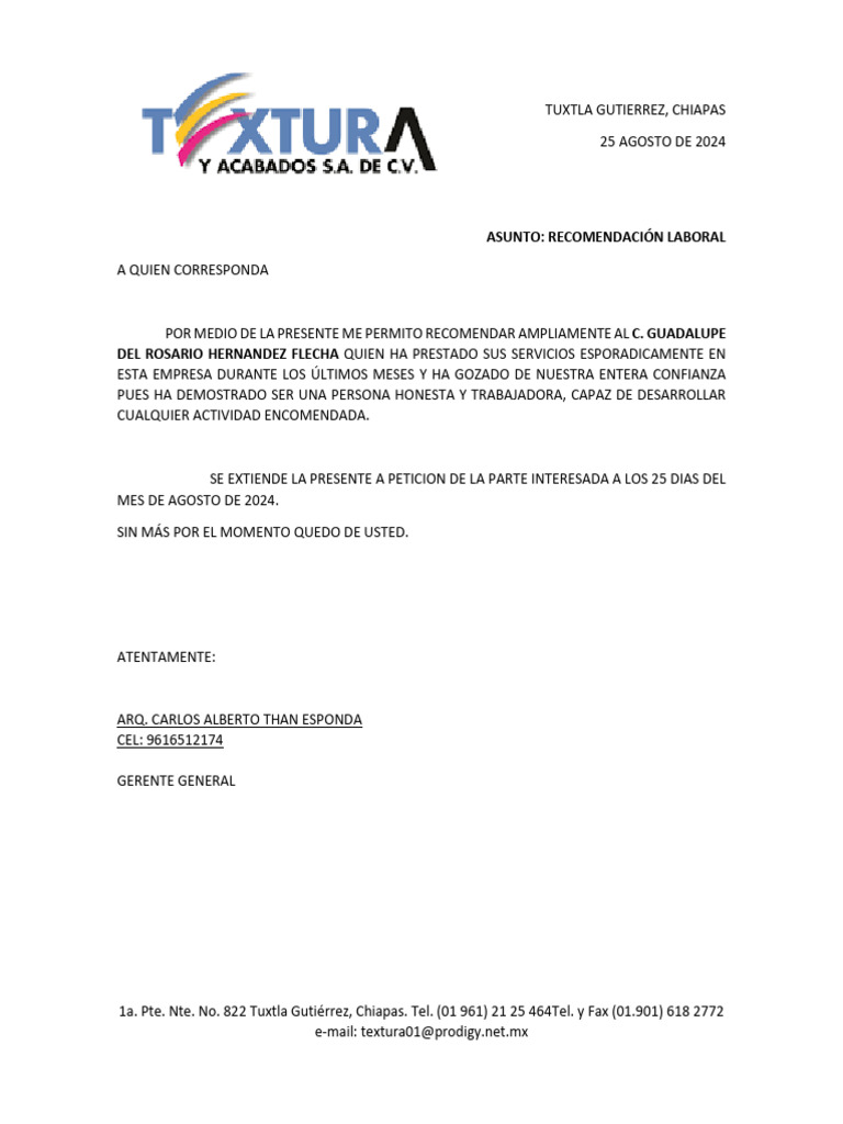 Carta de Recomendacion Lupe | PDF