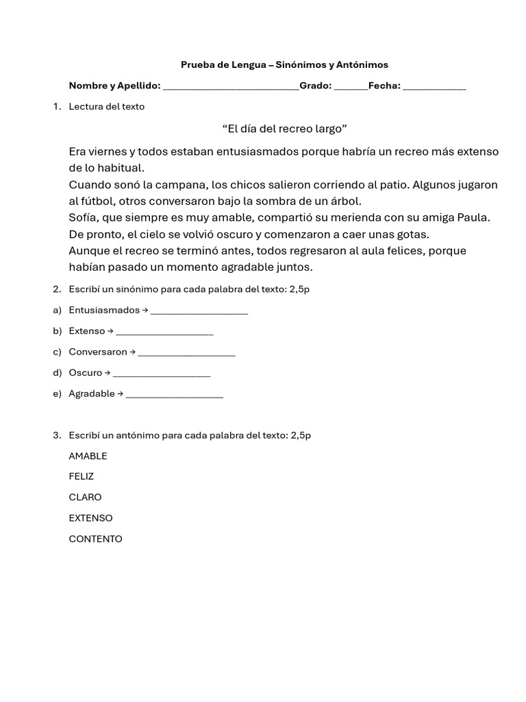 Prueba de Lengua Sinonimo y Antonimo | PDF