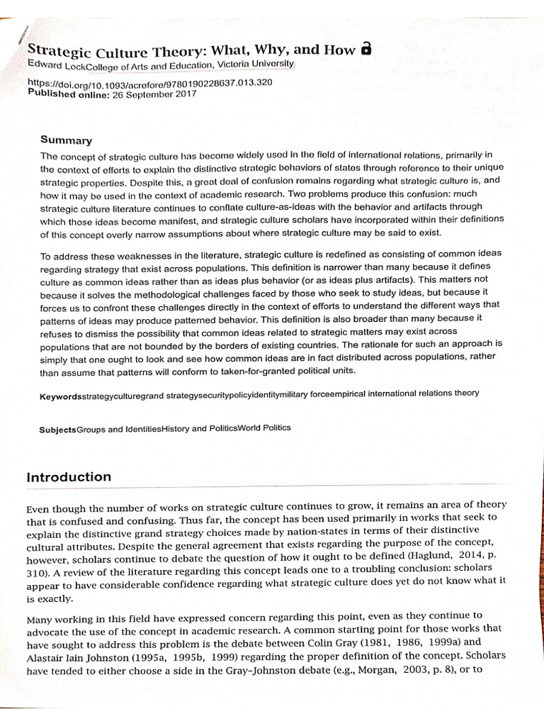 Strategic Culture Theory - What, Why and How. | PDF