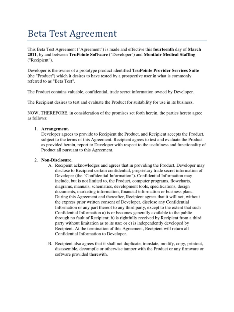 Beta Test Agreement: 2011, by and Between Trupointe Software ...