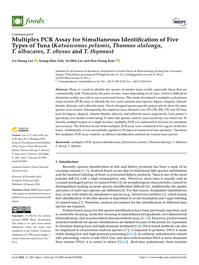 Multiplex PCR for Tuna Species Identification | PDF | Tuna | Polymerase ...