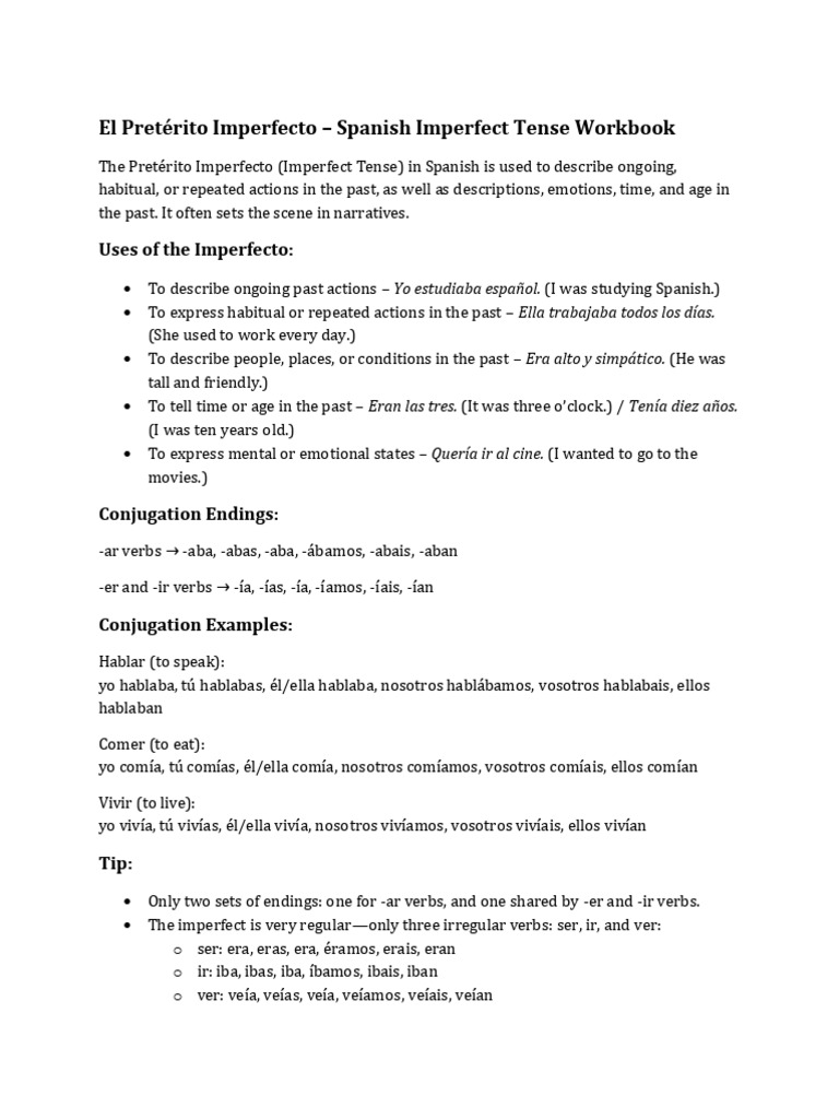 Spanish Imperfecto Tense Workbook | PDF