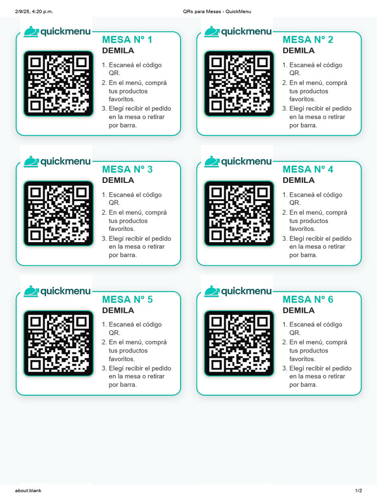 QRs para Mesas - QuickMenu - DEMILA | PDF
