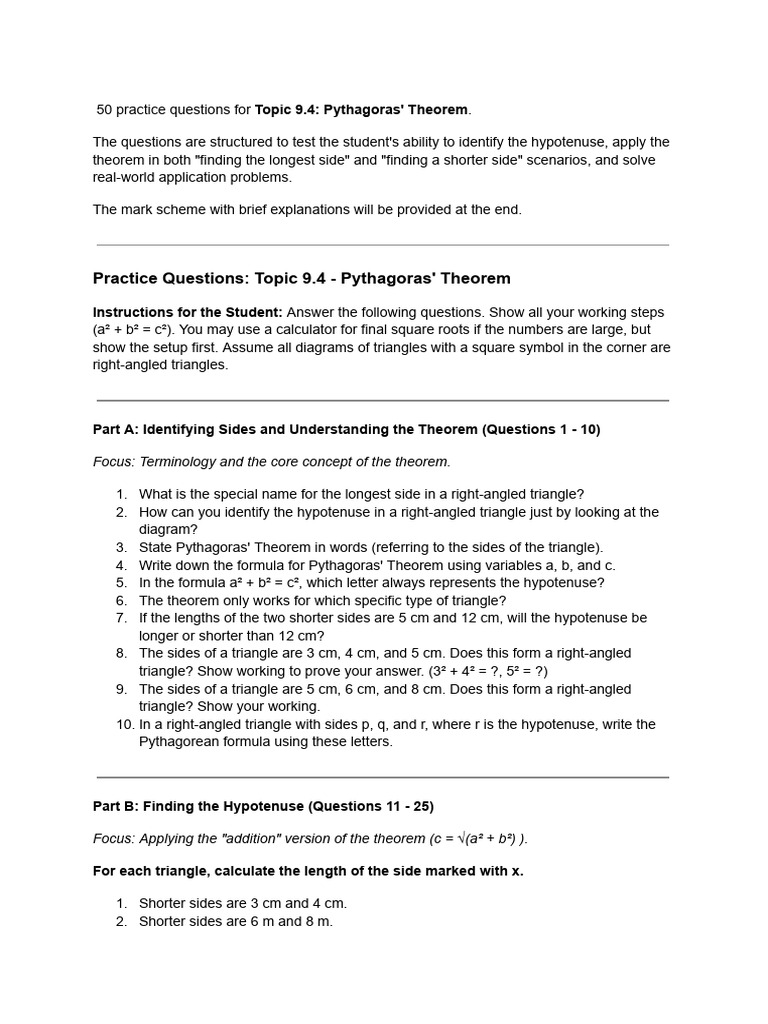 Pythagoras' Theorem Practice Questions | PDF | Elementary Geometry ...