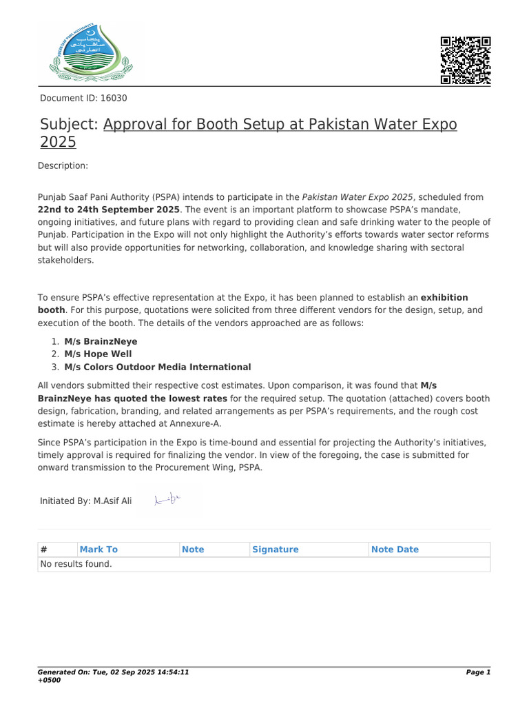 Approval For Booth Setup at Pakistan Water Expo | PDF