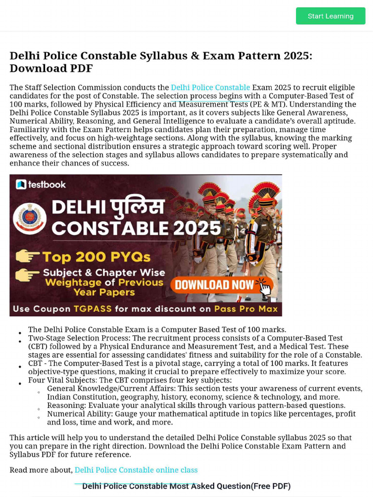 Delhi Police Constable Syllabus & Exam Pattern 2025 - Download PDF | PDF