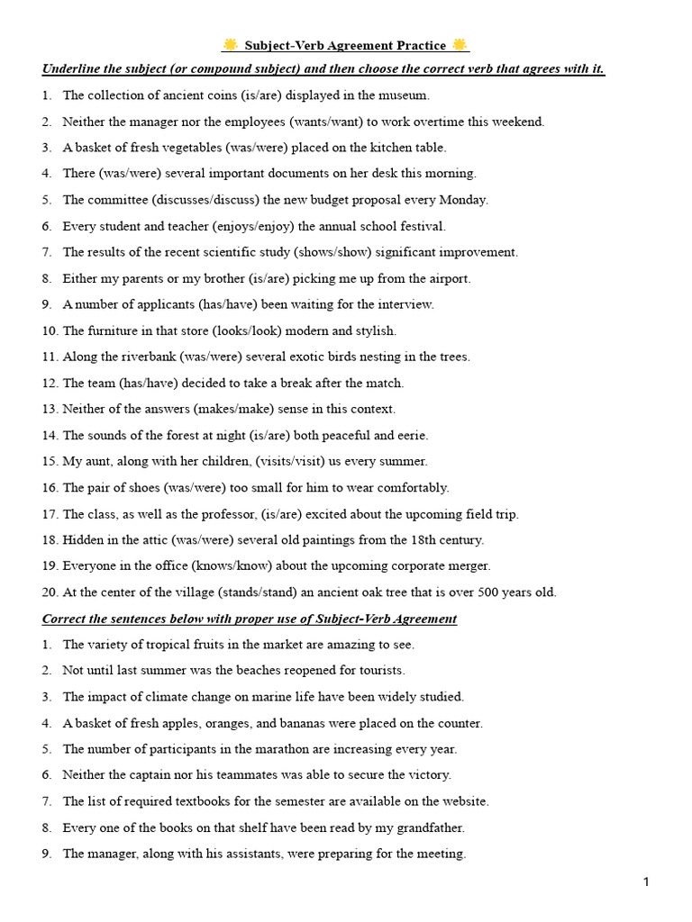 Subject Verb Agreement Practice HW | PDF | Cost Of Living