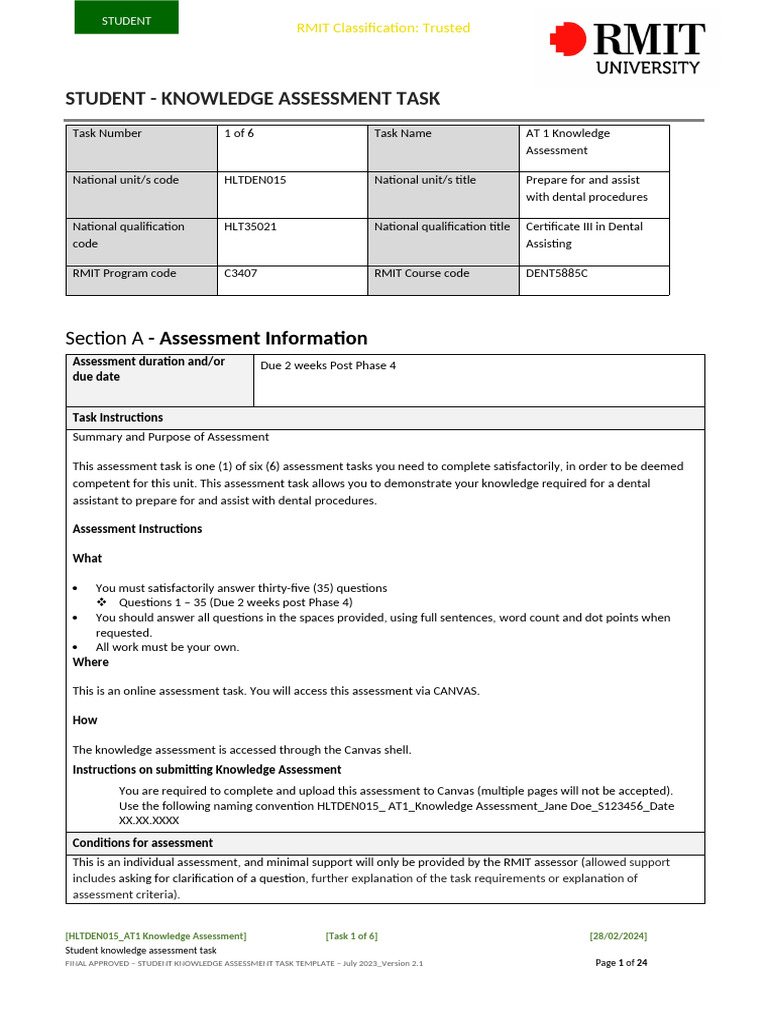 HLTDEN001 - AT1 - Knowledge Assessment PART A | PDF | Human Tooth ...
