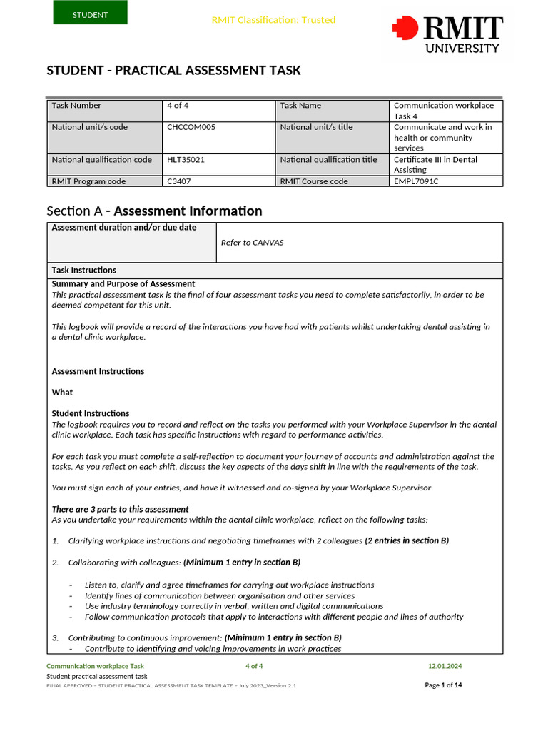 Task4 CommunicationWorkplaceTask CHCCOM005 Student | PDF | Communication | Skill
