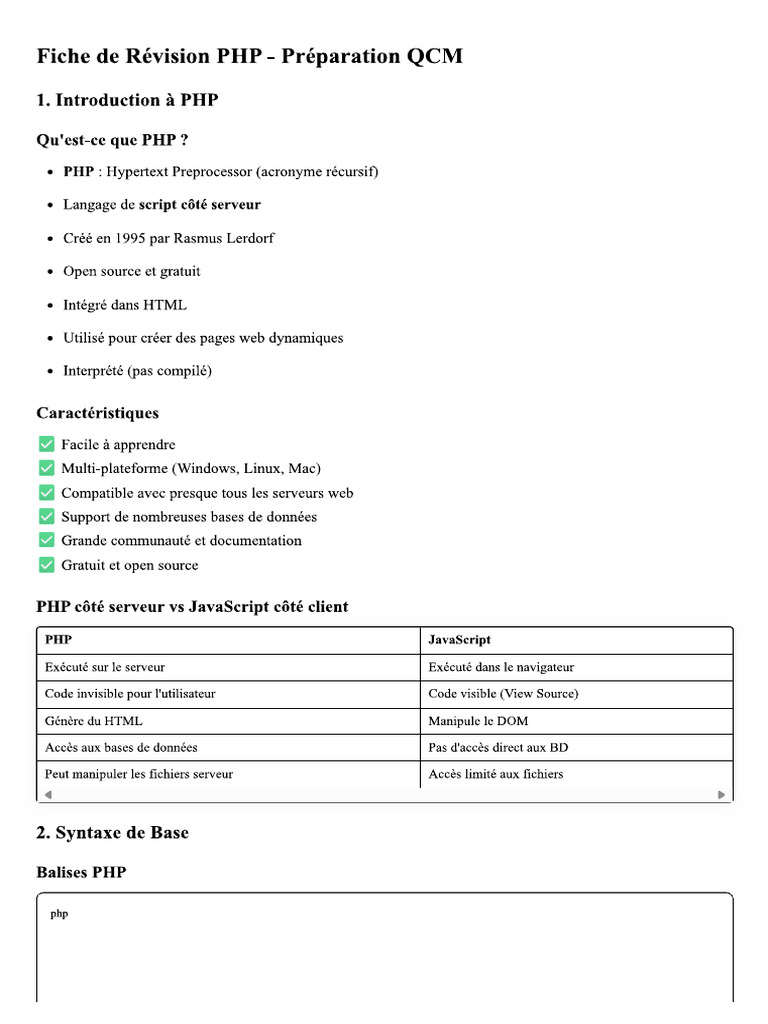 Fiche de Révision PHP - Préparation QCM | PDF
