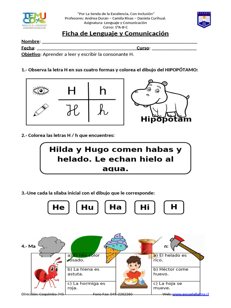 Actividades de Lenguaje con H para 1° Básico | PDF