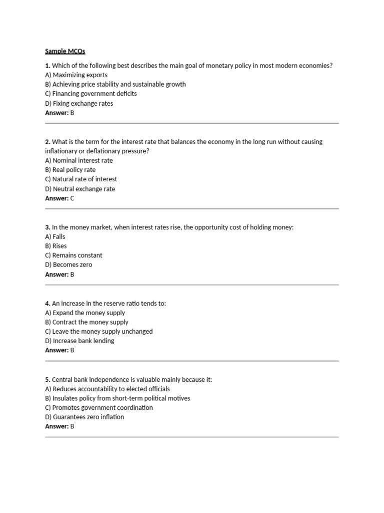 Sample MCQs | PDF | Inflation | Monetary Policy