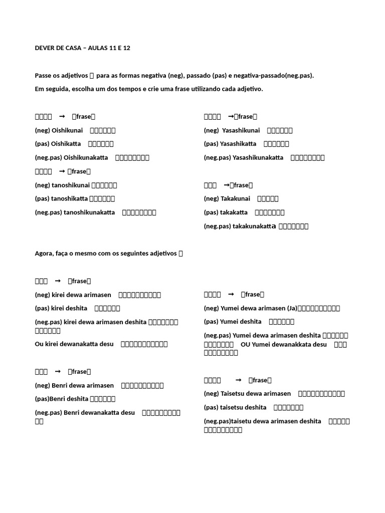 Dever de Casa - Aulas 11 e 12 | PDF