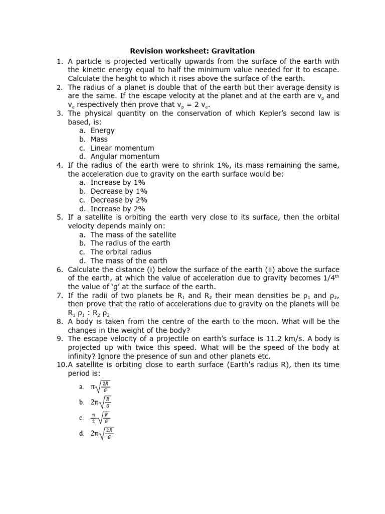 Revision Worksheet - Gravitation&Rotational Motion | PDF | Angular ...