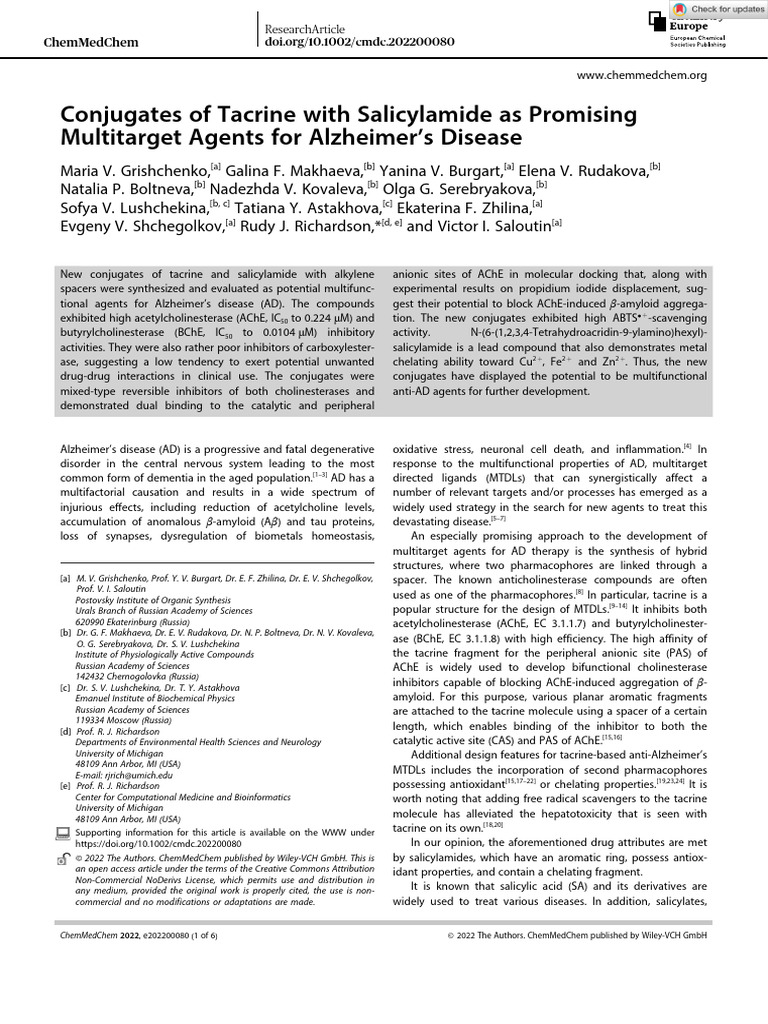 Tacrine-Salicylamide Conjugates for Alzheimer's | PDF | Enzyme ...