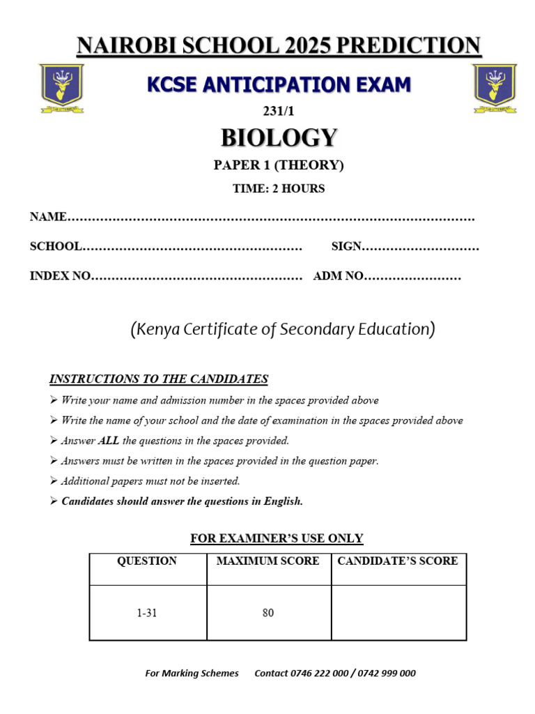 Nairobi School Bio Pp1 2025 Predictions | PDF | Blood Donation | Biology