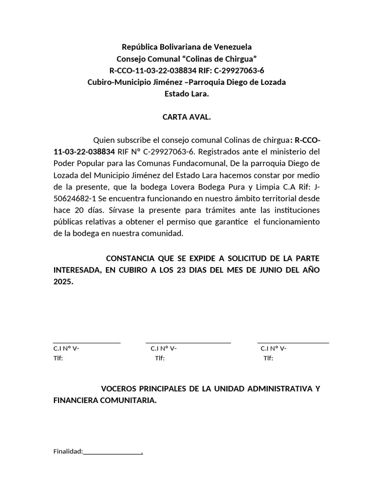Carta Aval para Bodega en Lara | PDF