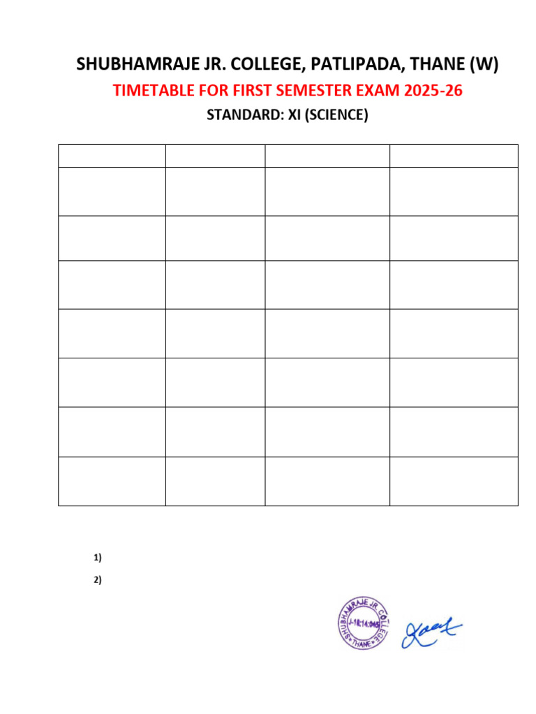 Xi First Semester Exam Time Table | PDF