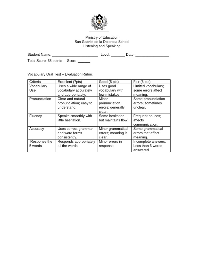 Vocabulary Oral Test Evaluation Rubric | PDF
