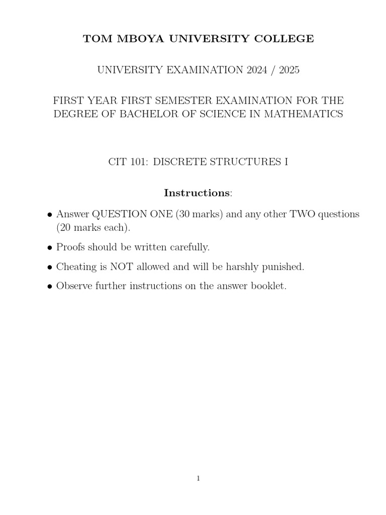 Cit 101-Discrete Structures I Main Examination | PDF | Mathematical ...
