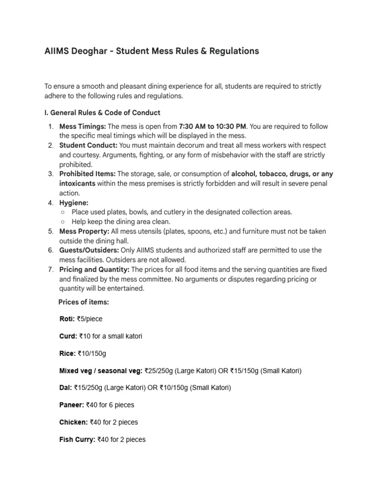 Mess Rules and Regulations | PDF | Meal | Lunch