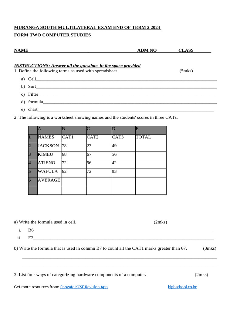 Computer Studies Form 2 Opener Term 3 2024 Qs | PDF | Computer Data ...