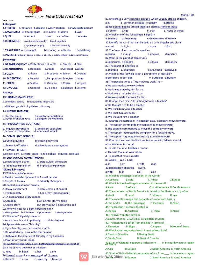 Brainstorm Ins & Outs (Test-2) | PDF | Earth Sciences