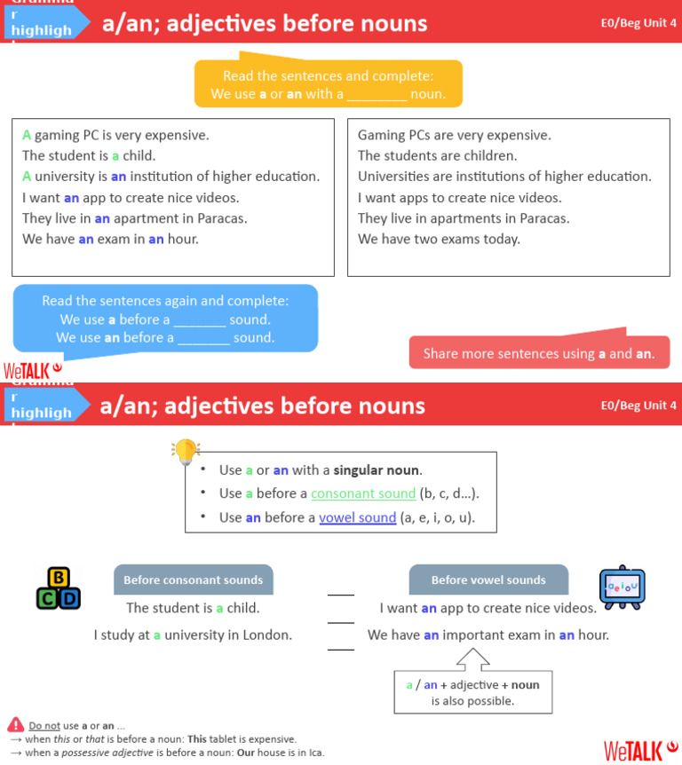 E0 - Beg U4 A-An Adjectives Before Nouns - GrammarHighlight | PDF