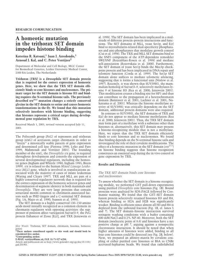 A Homeotic Mutation in The Trithorax SET Domain Impedes Histone Binding ...