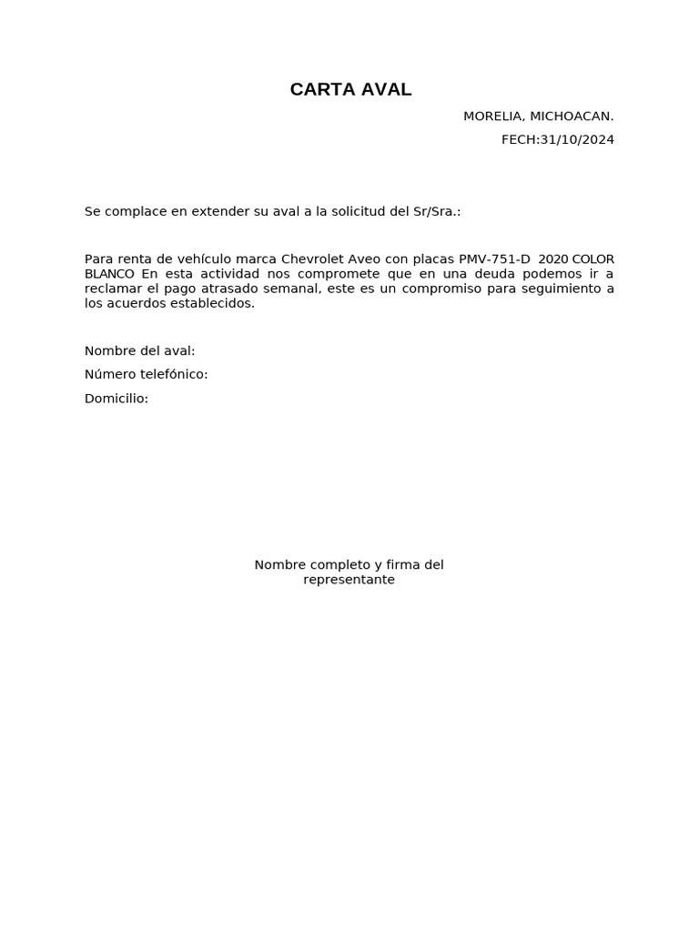Carta de Aval para Renta de Vehículo | PDF