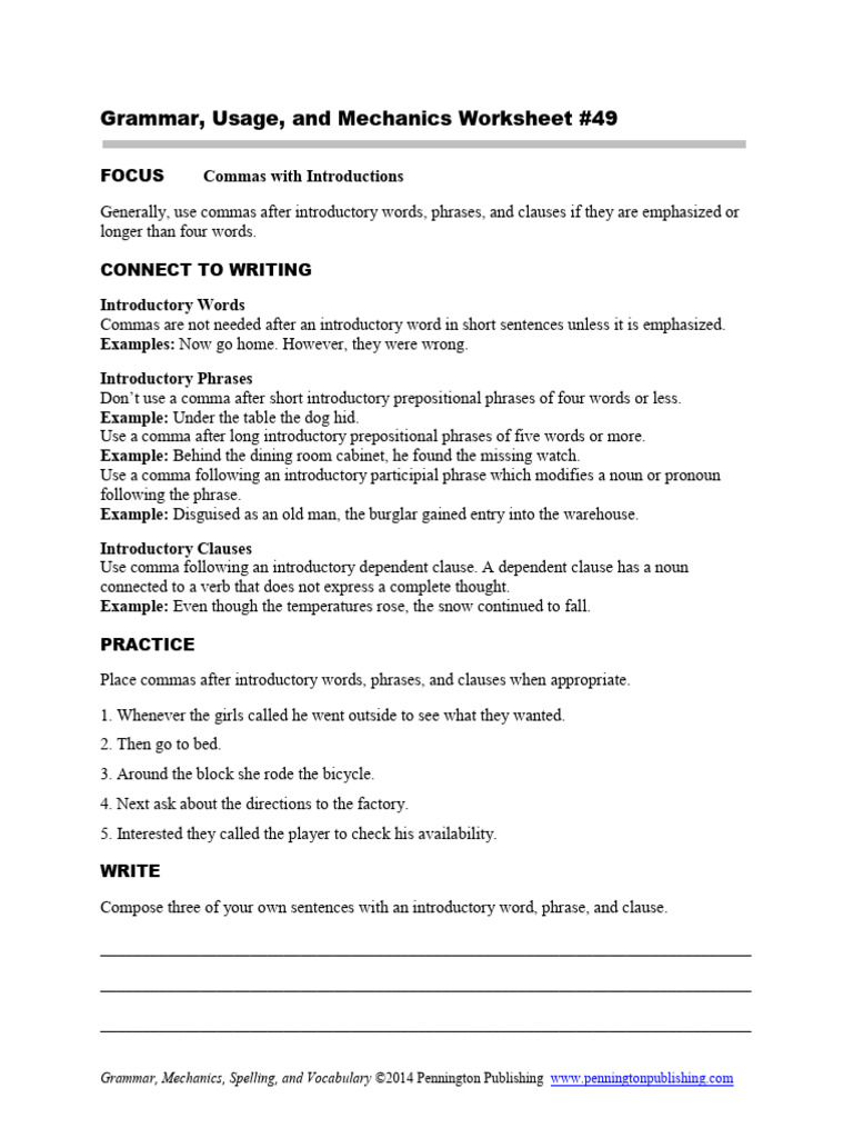 Commas With Introductory Words Worksheet | PDF | Phrase | Clause