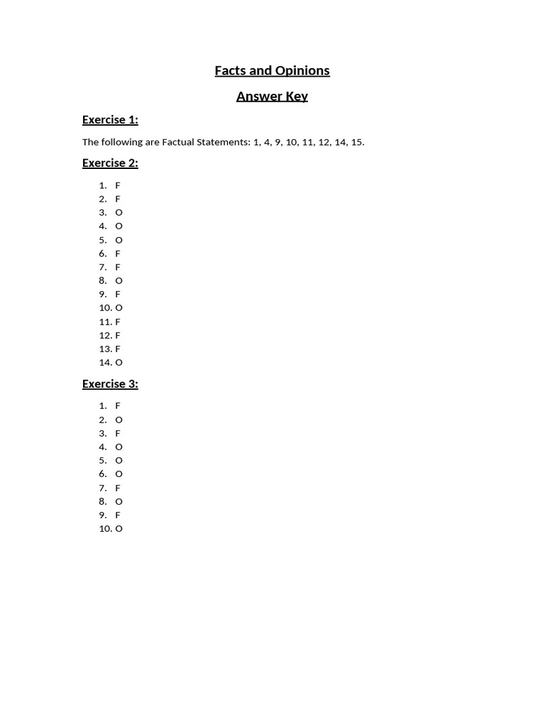 Fact and Opinion Worksheet 1 Answer Key | PDF